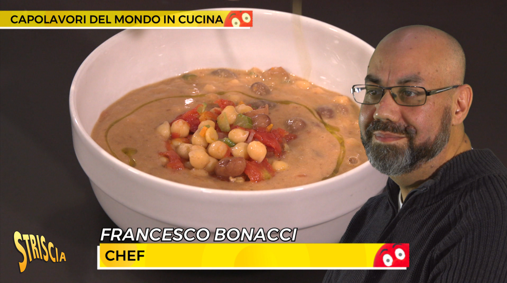 Sabato sera a Striscia, la “Zuppa di legumi” di Francesco Bonacci, cuoco storico di Opera San ...